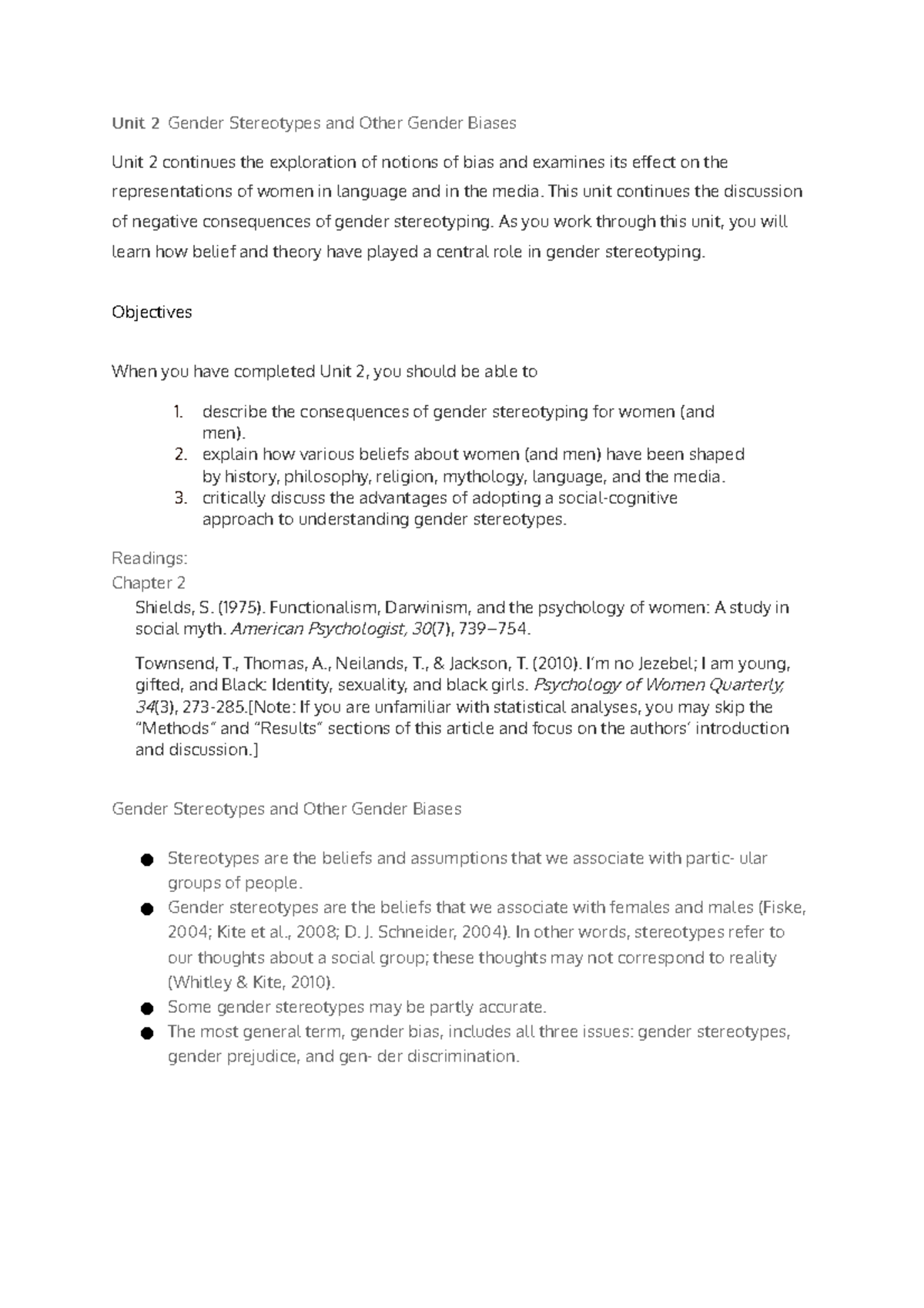 PSYC 345 - Unit 2 - PSYC 345 - Unit 2 - Unit 2 Gender Stereotypes and ...