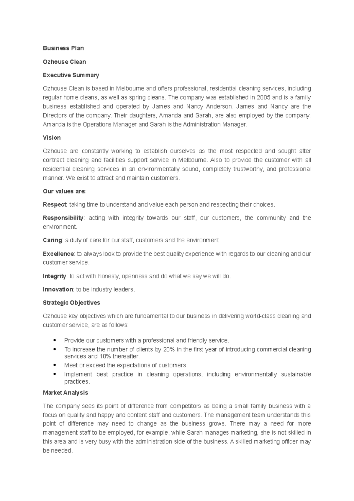 Sample Business Plan - Ozhouse Clean - Business Plan Ozhouse Clean ...