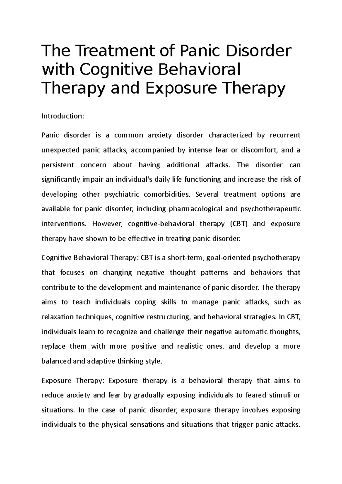 The Treatment of Panic Disorder with Cognitive Behavioral Therapy and ...