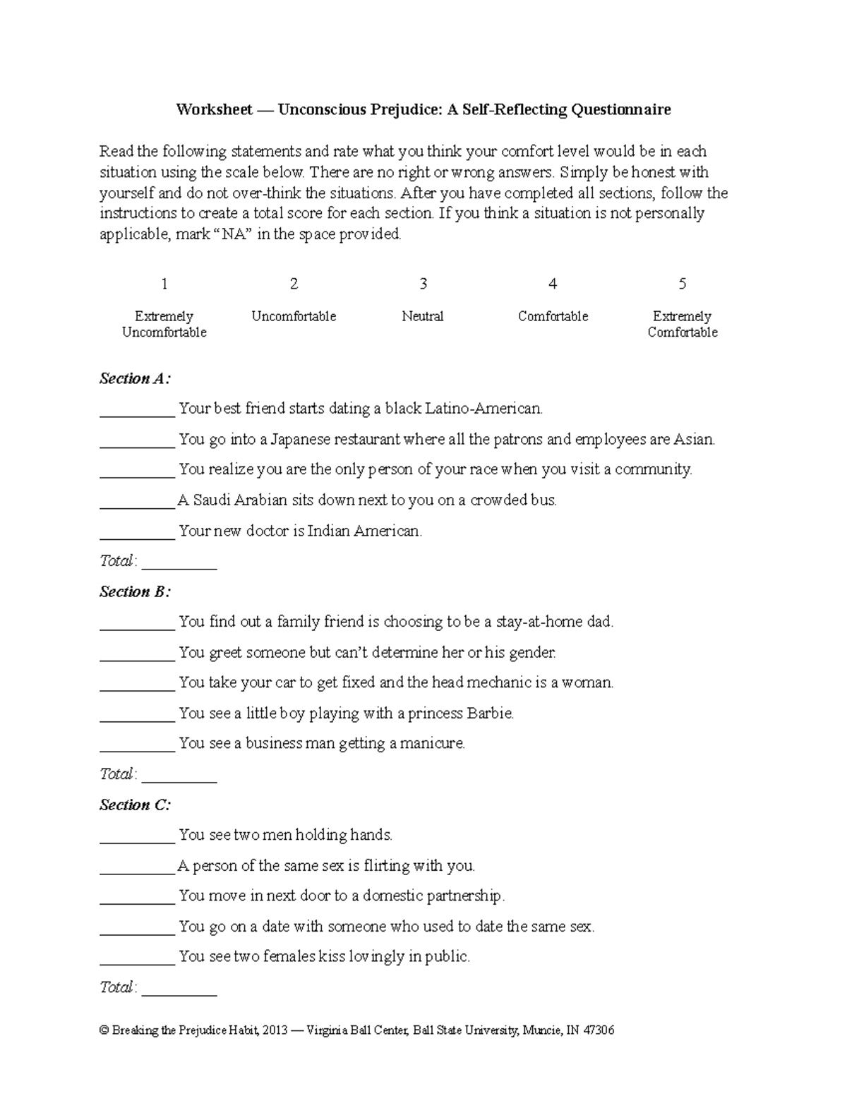 Unconcious Prejudice Questionnaire - Worksheet — Unconscious Prejudice ...