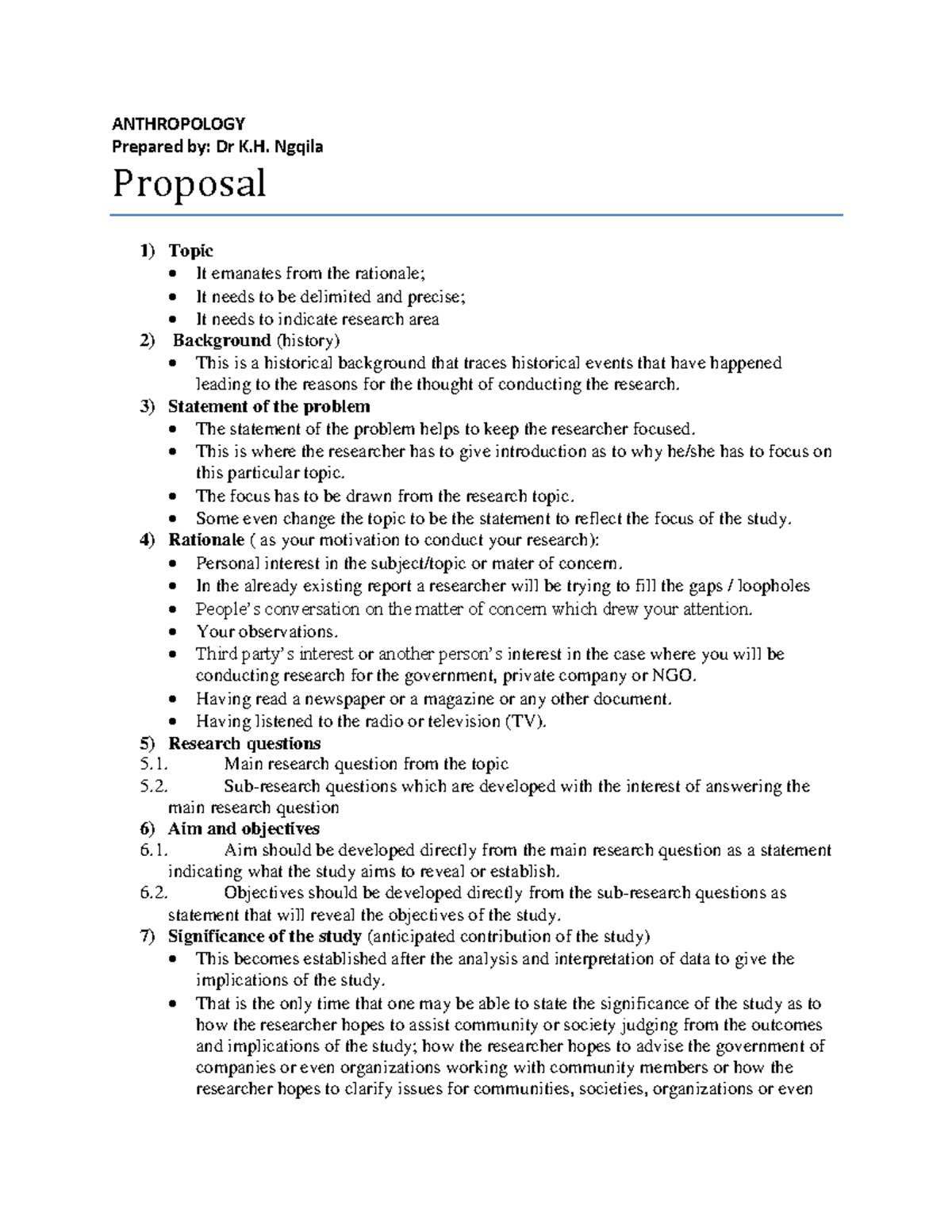 KHN Proposal Structure PDF - ANTHROPOLOGY Prepared by: Dr K. Ngqila ...