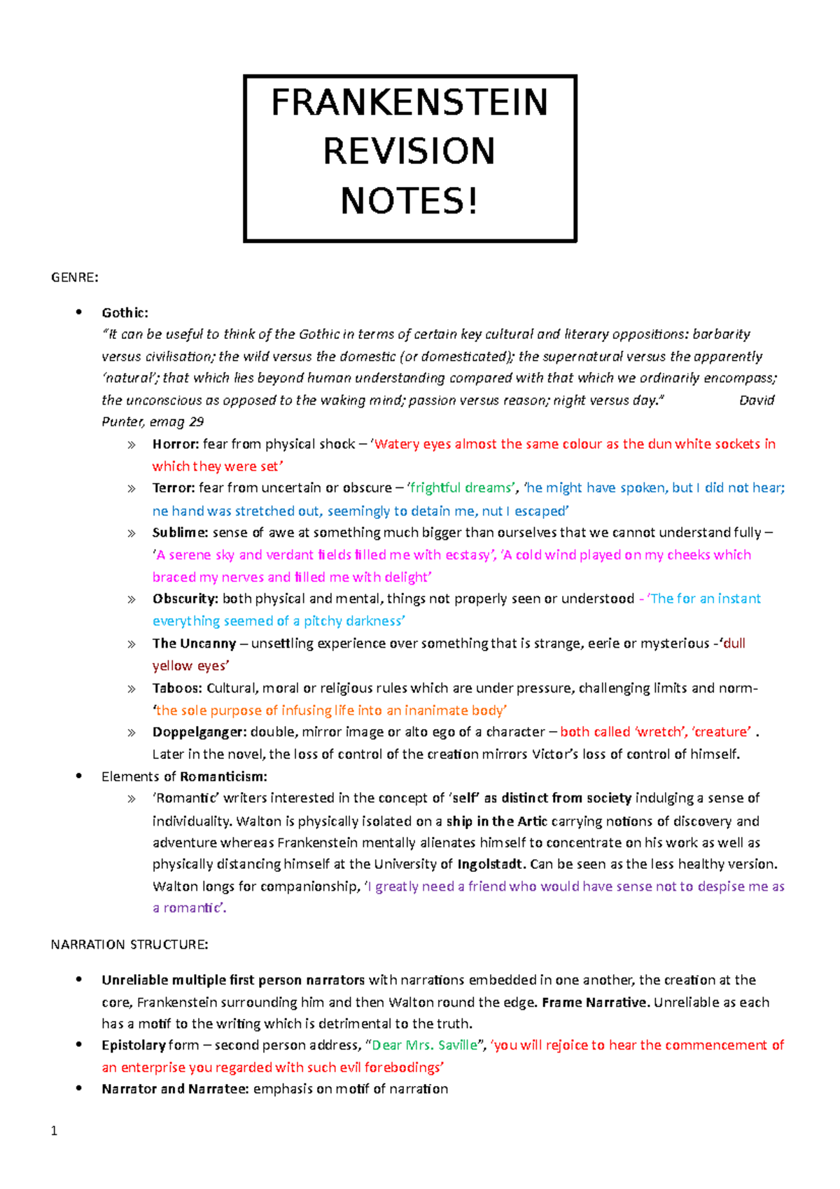 Frankenstein Revision - GENRE: Gothic: “It can be useful to think of ...