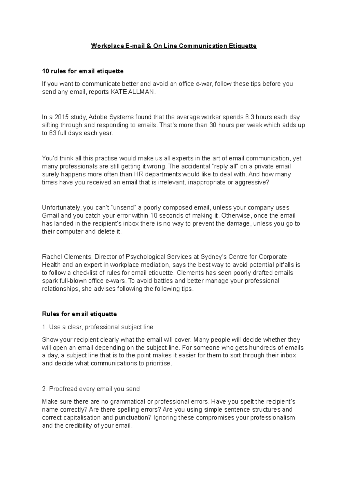Email etiquette - ..... - Workplace E-mail & On Line Communication ...