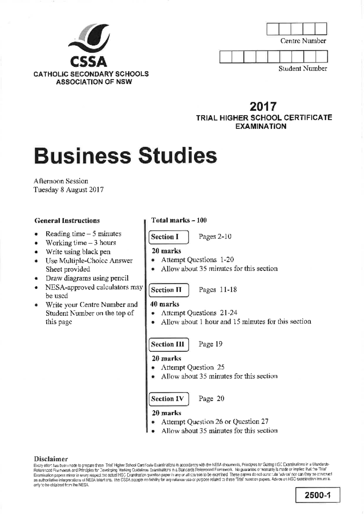 2017 CSSA Business Trial - Centre Number CSSA Student Number CATHOLIC SECONDARY SCHOOLS ...