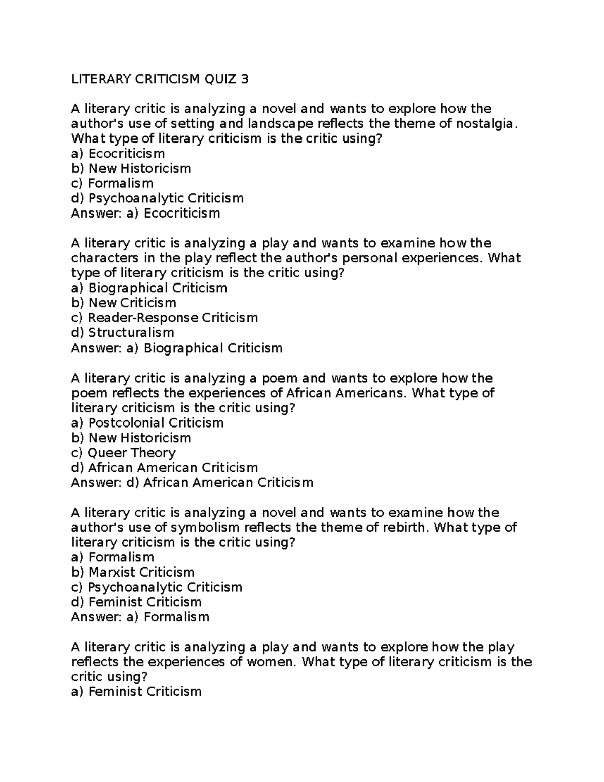 Literary Criticism QUIZ 3 - LITERARY CRITICISM QUIZ 3 A literary critic ...