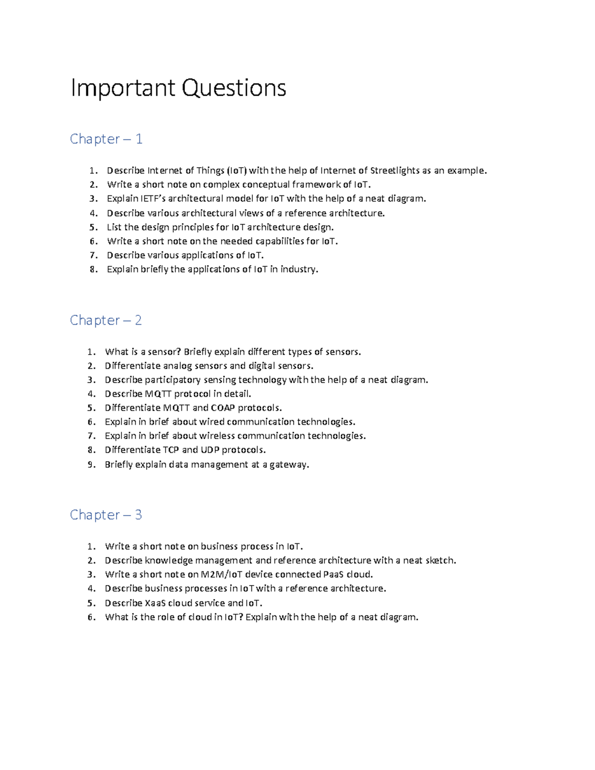 Important Questions - iot ques - Important Questions Chapter – 1 1. Describe Internet of Things ...