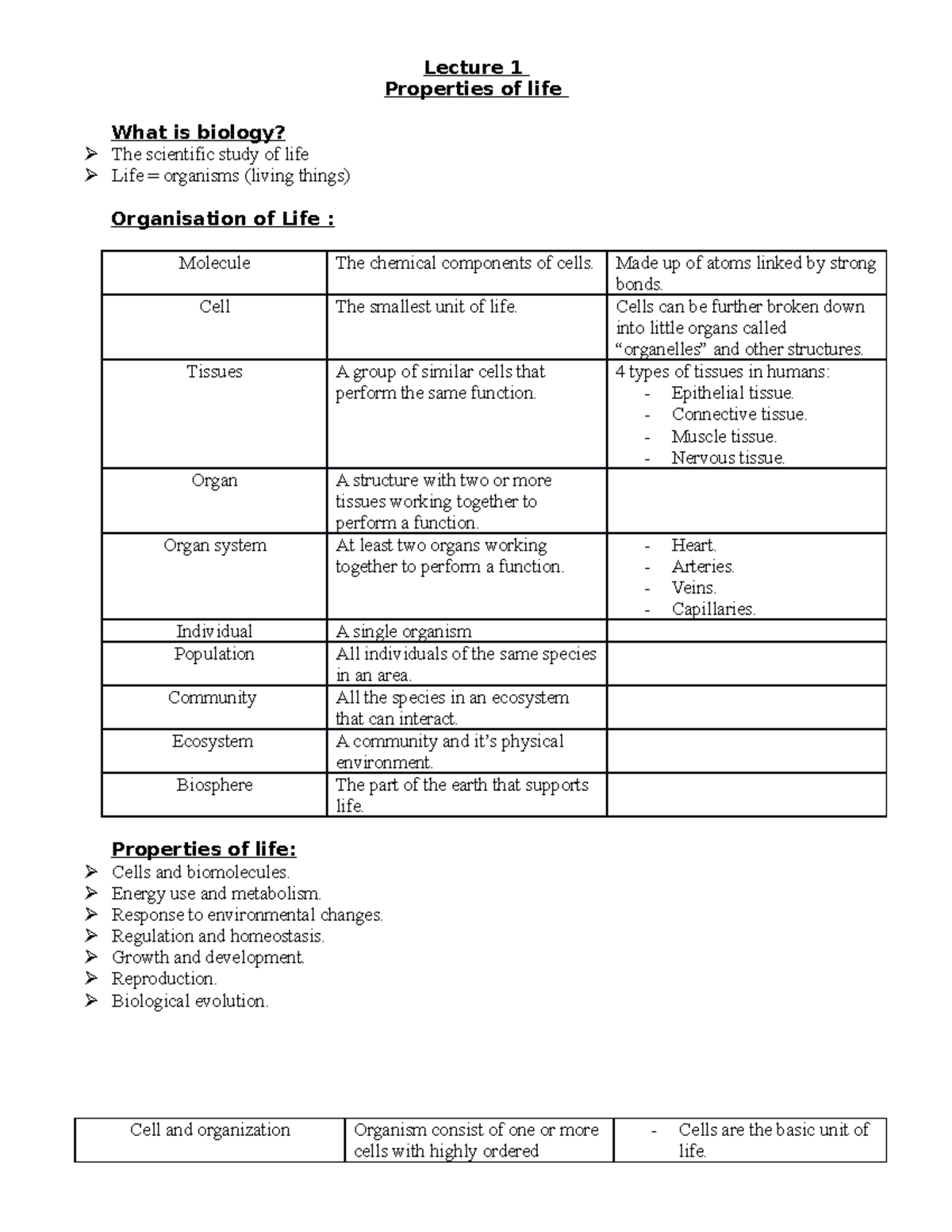 Lecture 1 Review PACK - Lecture 1 Properties of life What is biology ...