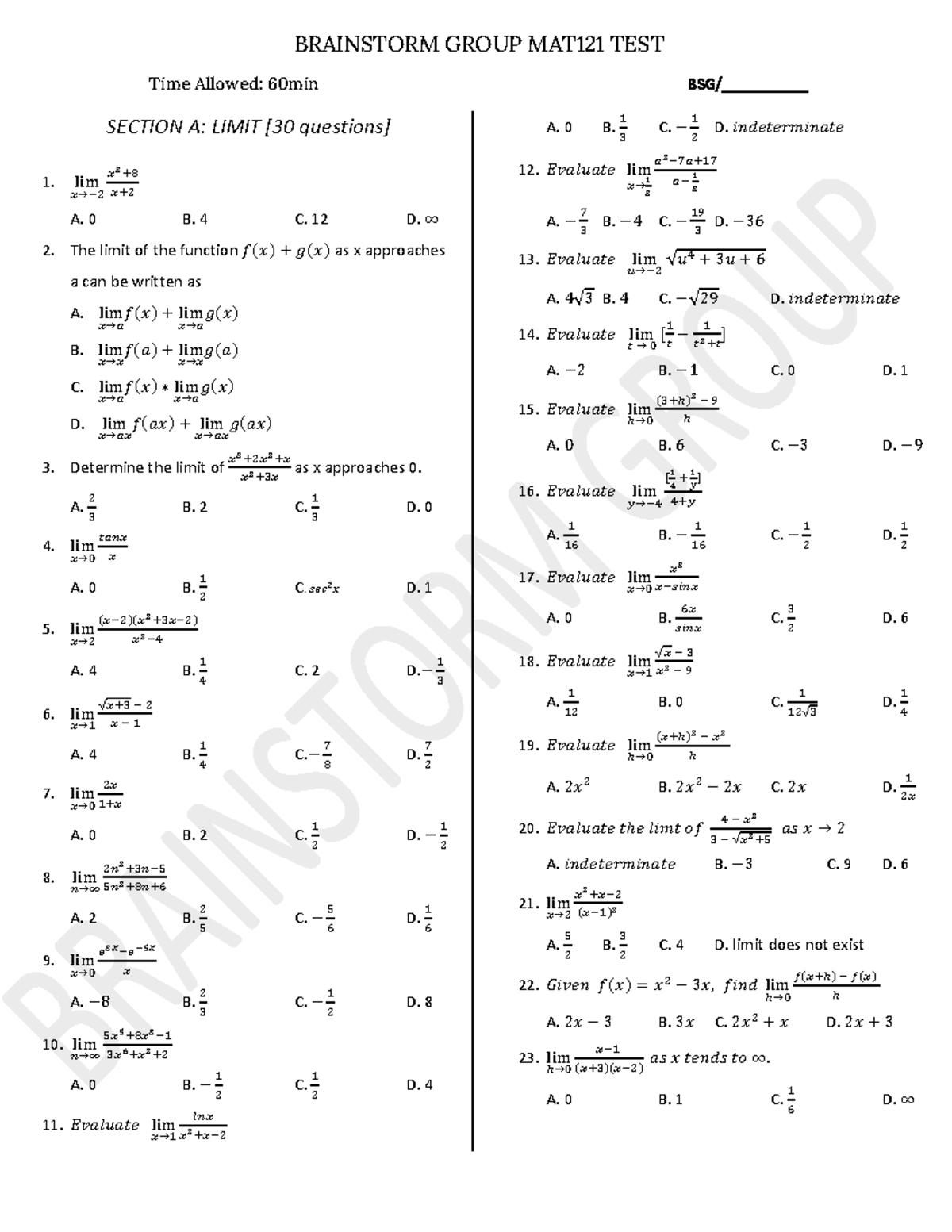 BSG MAT121 TEST 1 2019-20 - SECTION A: LIMIT [30 questions] lim ý→ ý 3 ...