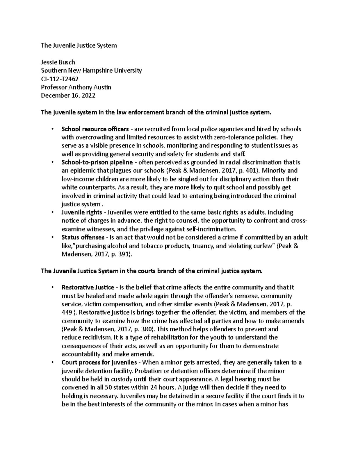 CJ 112 Project 3 draft - Coursework - The Juvenile Justice System ...