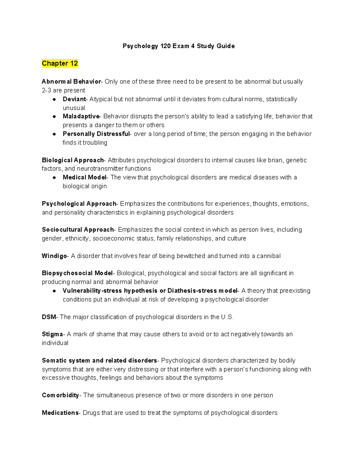 Exam 4 (Ch. 12-14) Study Guide - Psychology 120 Exam 4 Study Guide ...