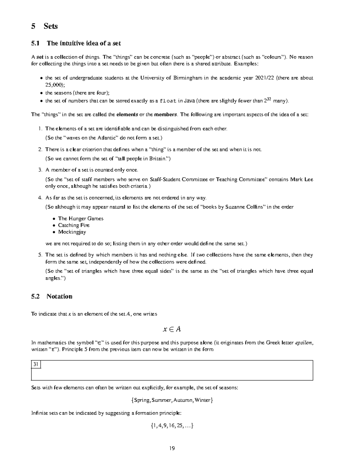 Lecture notes - Sets - 5 Sets 5 The intuitive idea of a set A set is a ...
