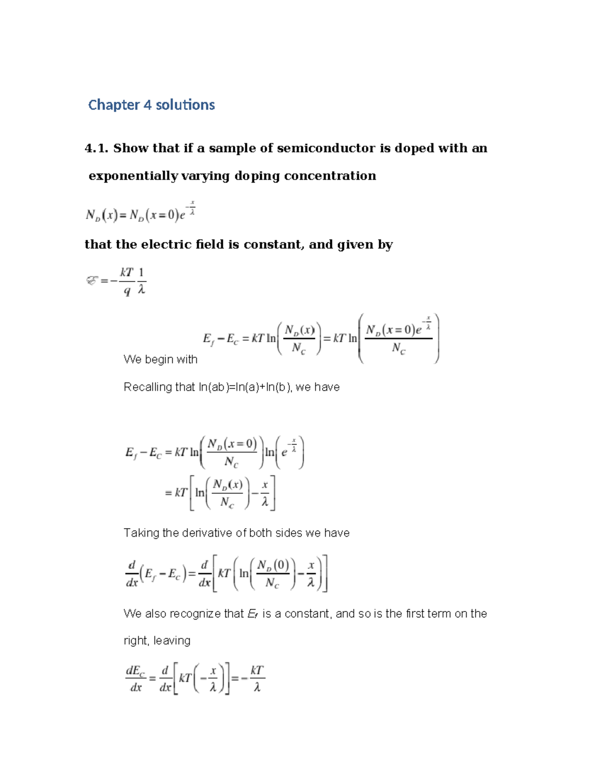 Solutions Chapter 4 - Chapter 4 solutions Show that if a sample of semiconductor is doped with ...