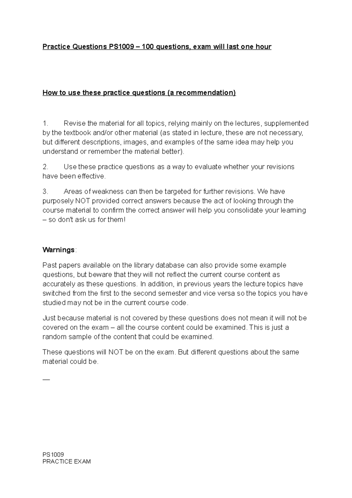 PRACTICE EXAM 2017, questions - Practice Questions PS1009 – 100 ...