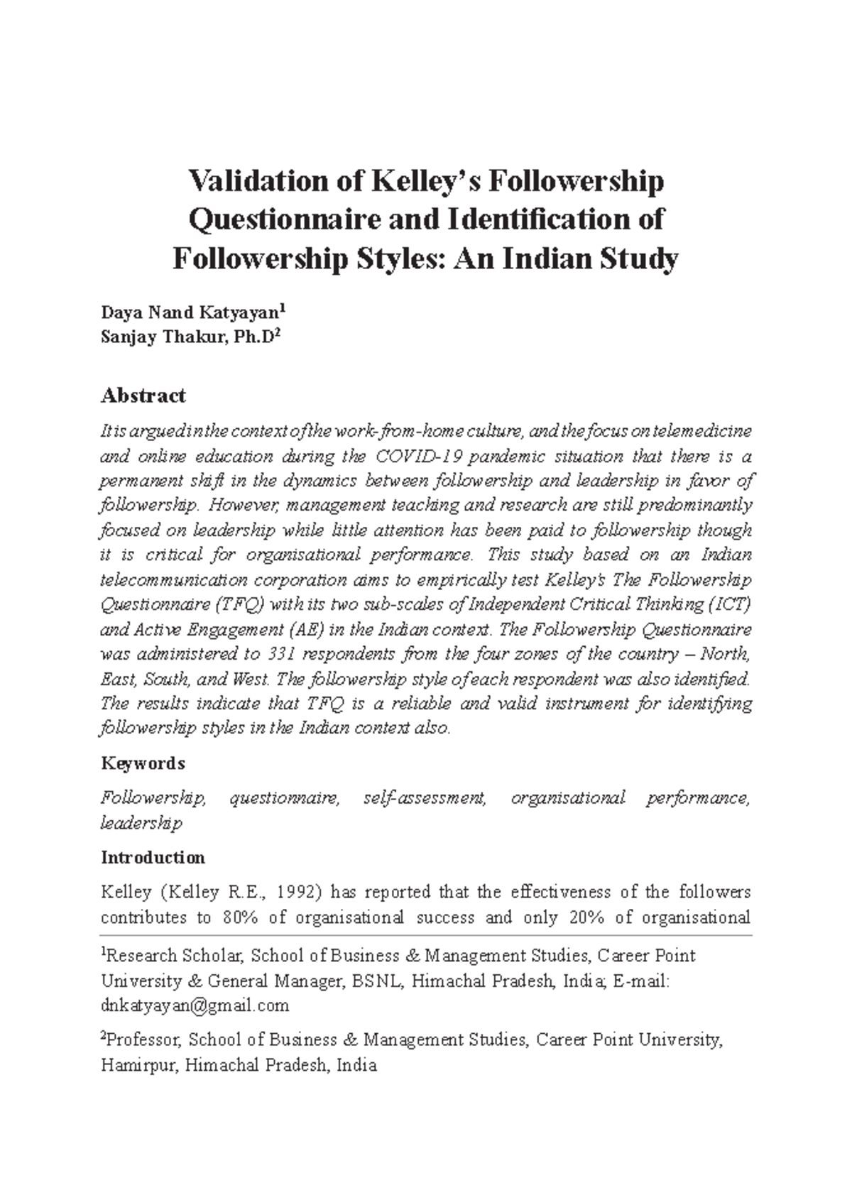 Kelley's Followership - Validation of Kelley’s Followership ...