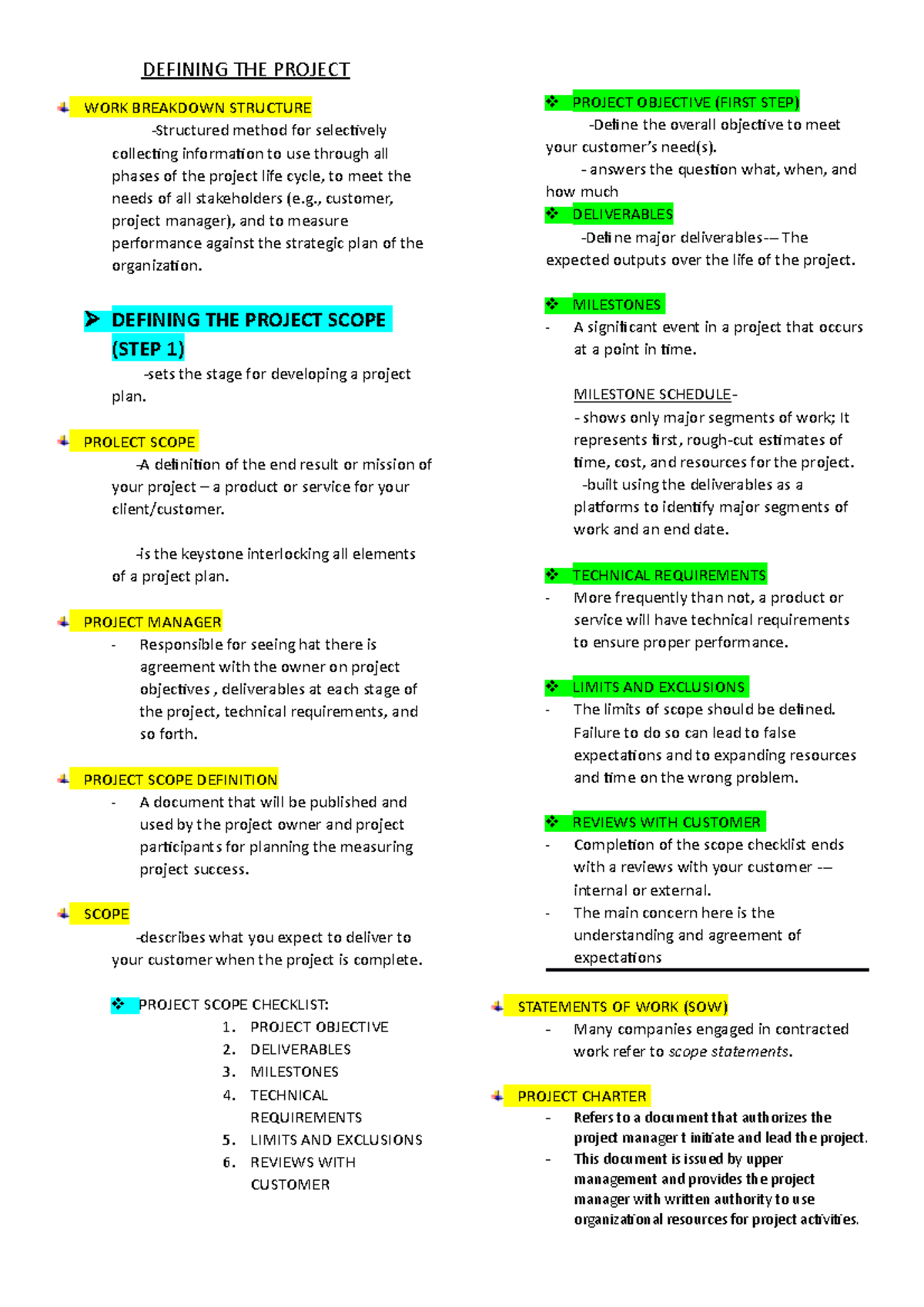 OM(CHAP4) Notes - DEFINING THE PROJECT WORK BREAKDOWN STRUCTURE ...