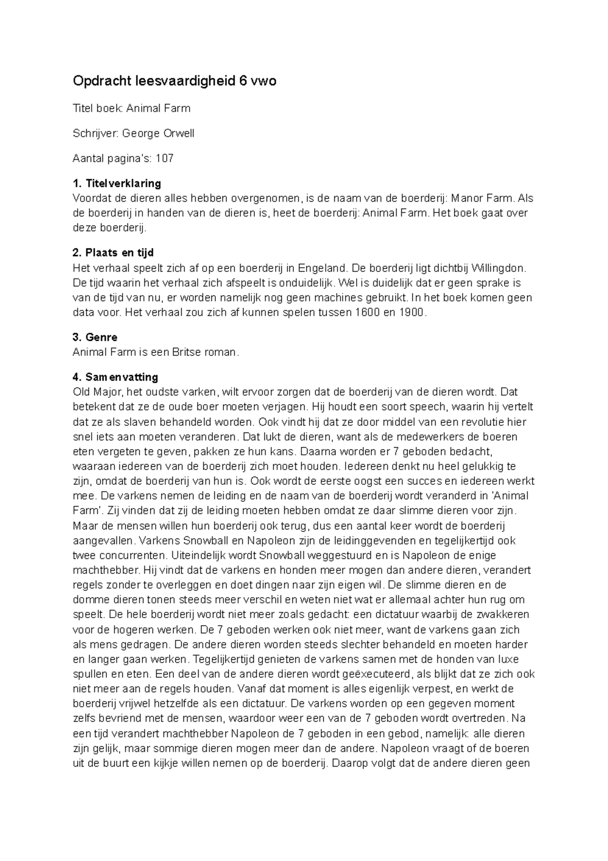 Engels - Animal Farm 6VWO - Opdracht leesvaardigheid 6 vwo Titel boek ...
