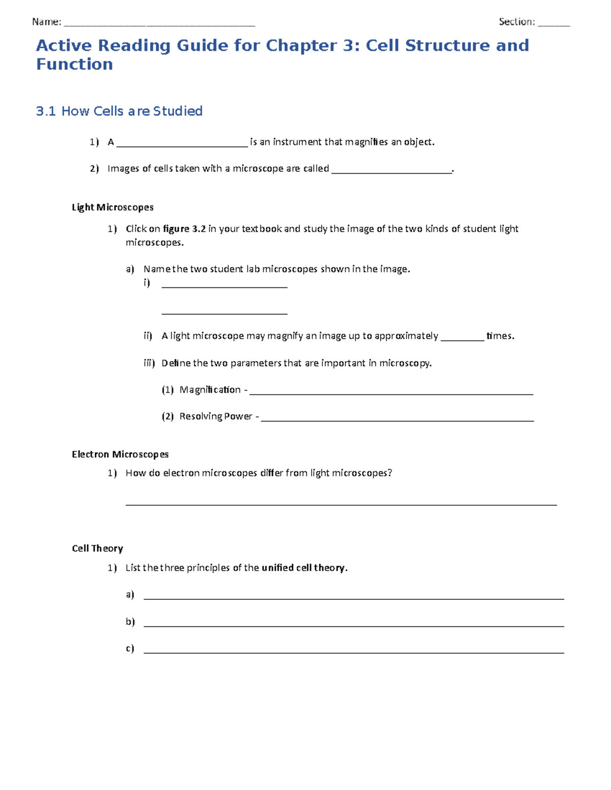 Chapter 3 ARG - Answers for common mistakes - Active Reading Guide for Chapter 3: Cell Structure ...