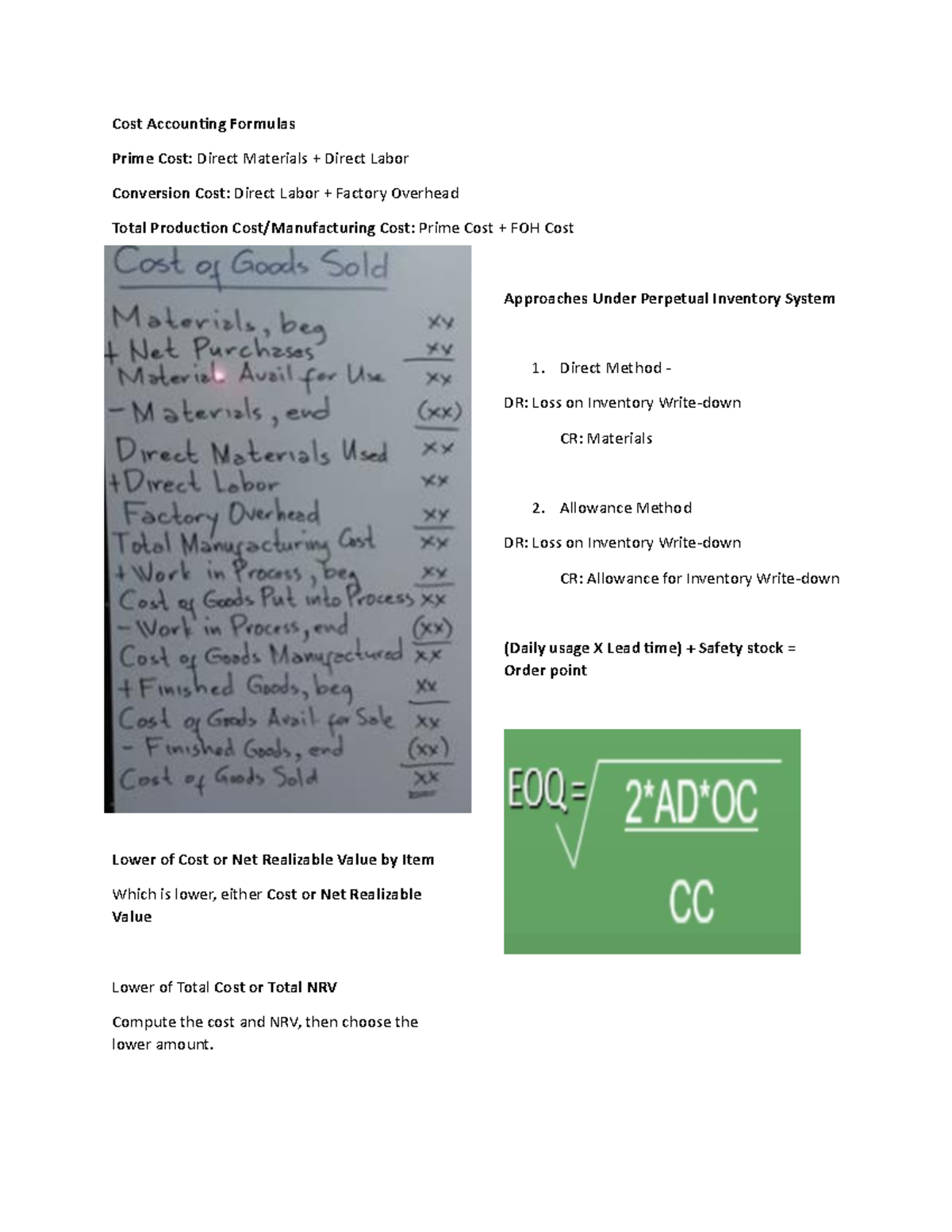 Cost Accounting Formulas Cost Accounting Formulas Prime Cost Direct Materials Direct Labor