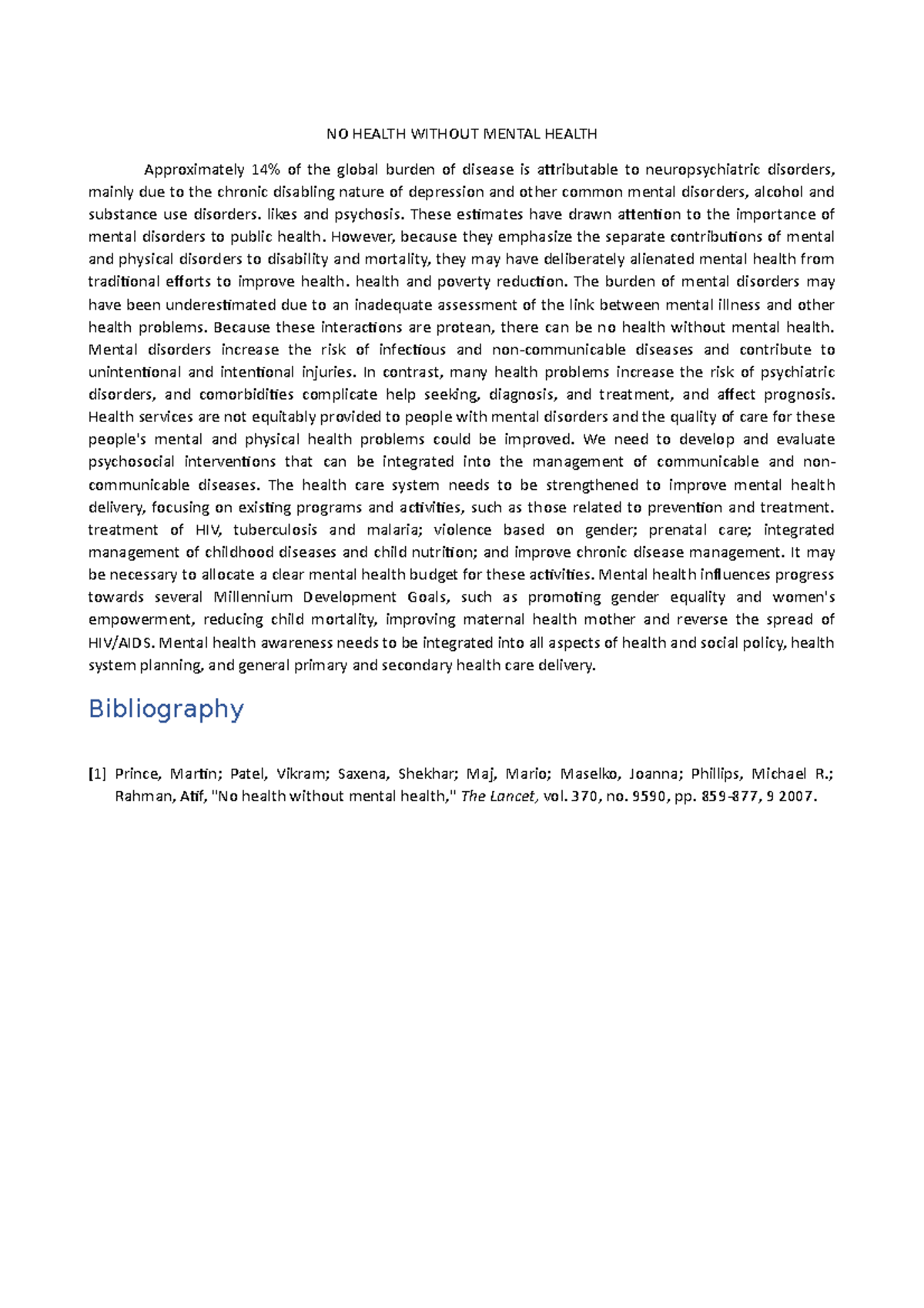 Citation AND Reference - NO HEALTH WITHOUT MENTAL HEALTH Approximately ...