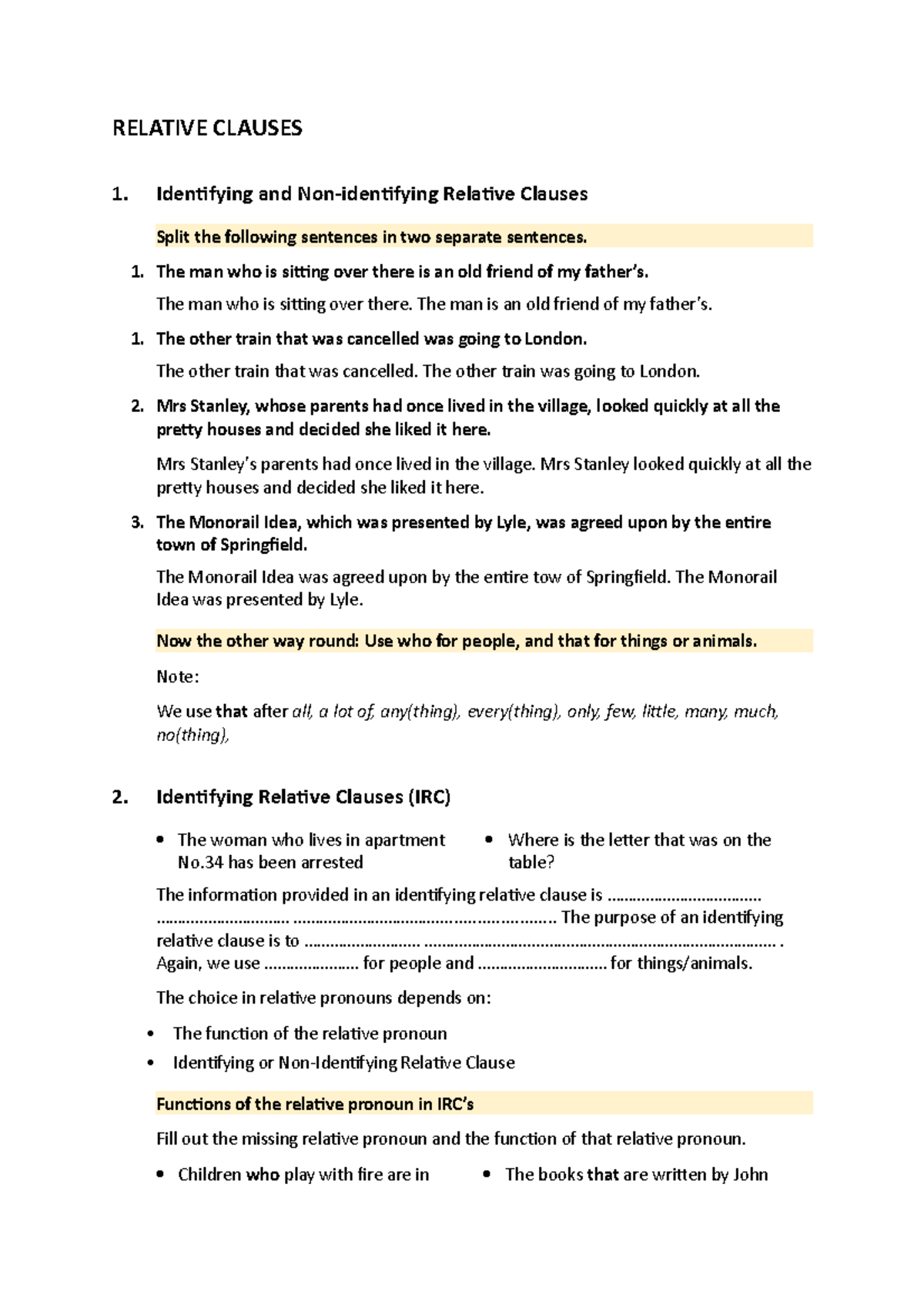 Relative Pronouns 20-21 - RELATIVE CLAUSES 1. Identifying and Non ...