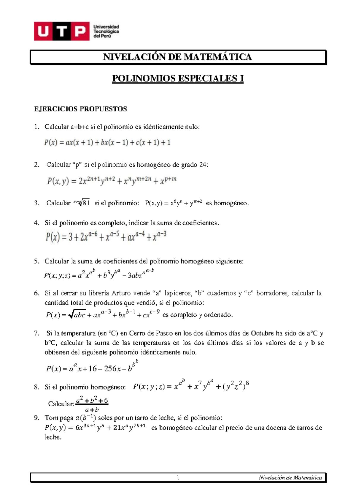 matematicas nivelacion - N NIIVVEELLAACCIIÓÓNN DDEE MMAATTEEMMÁÁTTIICCAA POLINOMIOS ESPECIALES I ...