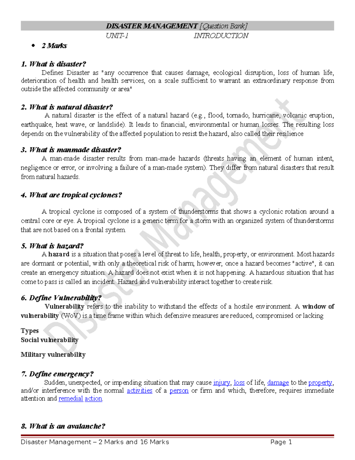 Disaster Management [Question Bank] UNIT-1 Introduction - DISASTER ...