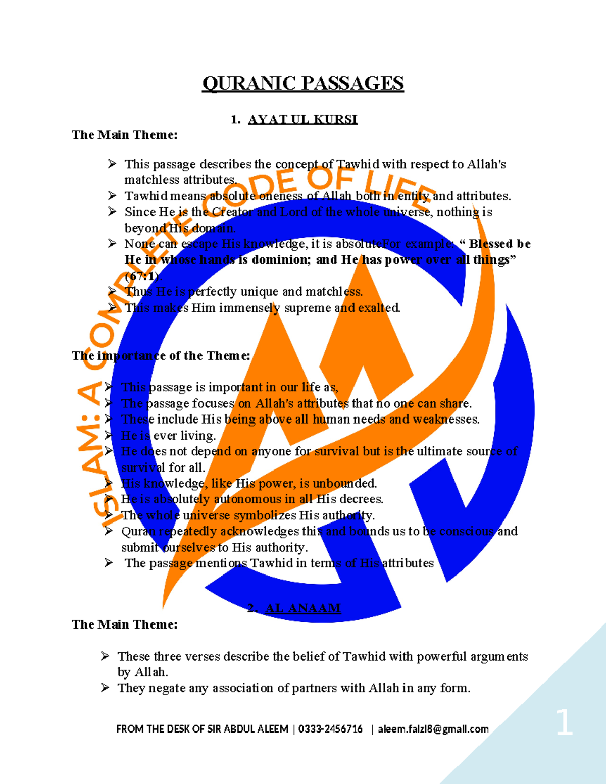 Quranic Passages - Helpful notes - QURANIC PASSAGES 1. AYAT UL KURSI ...