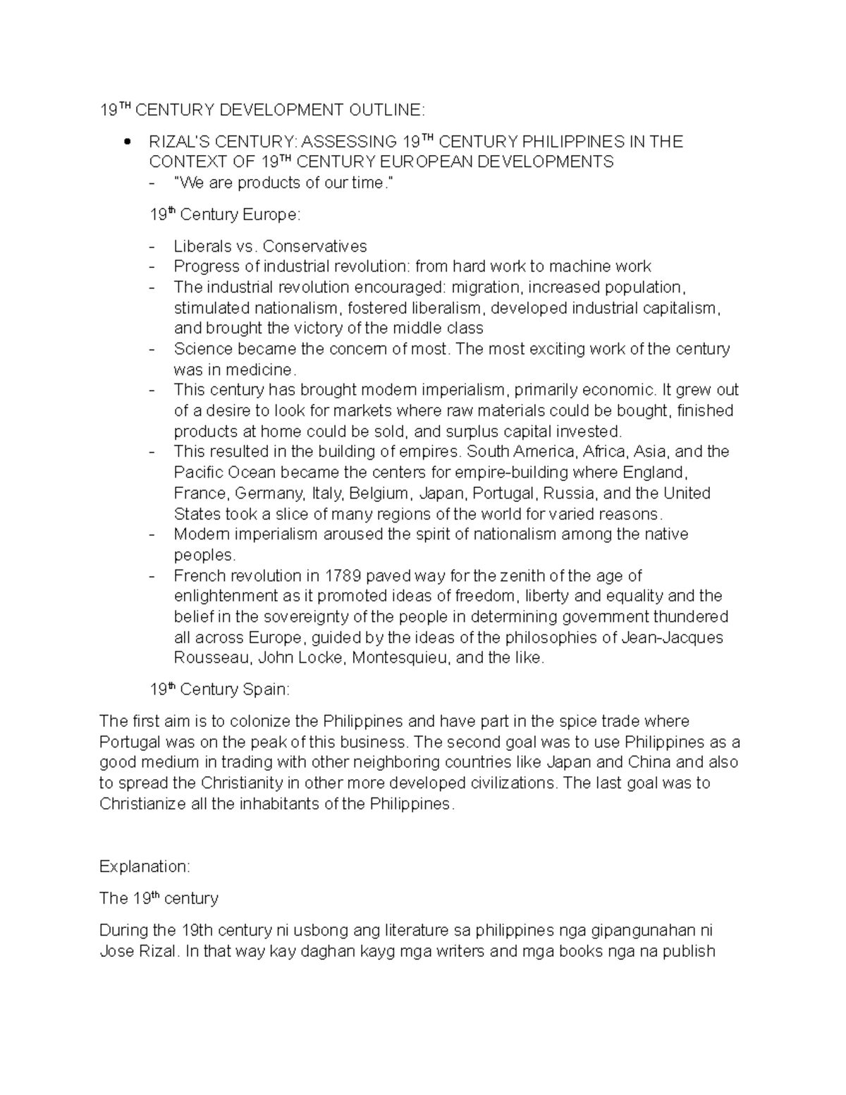 19TH Century Development Outline - 19 TH CENTURY DEVELOPMENT OUTLINE ...