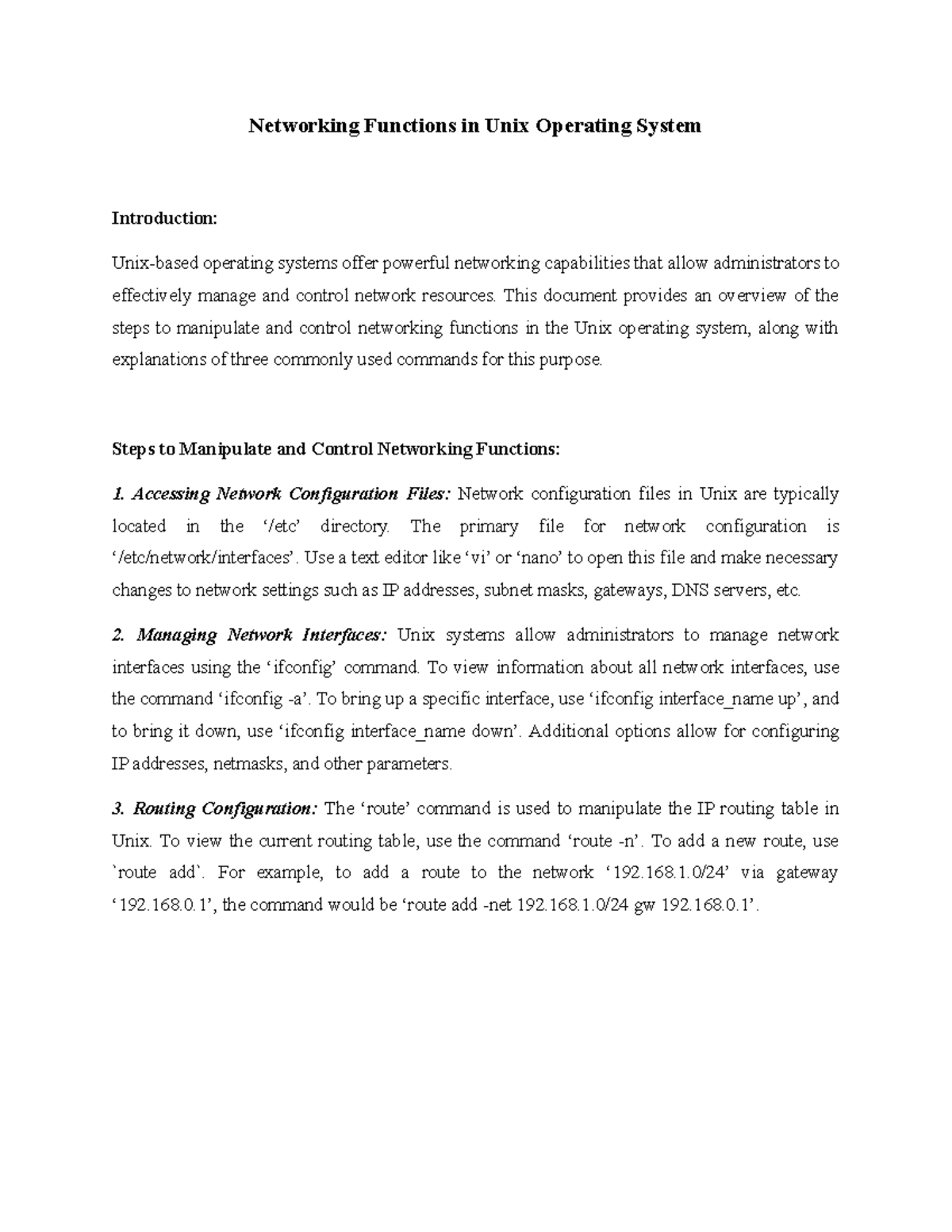 Written Assignment - Networking Functions in Unix Operating System Introduction: Unix-based ...