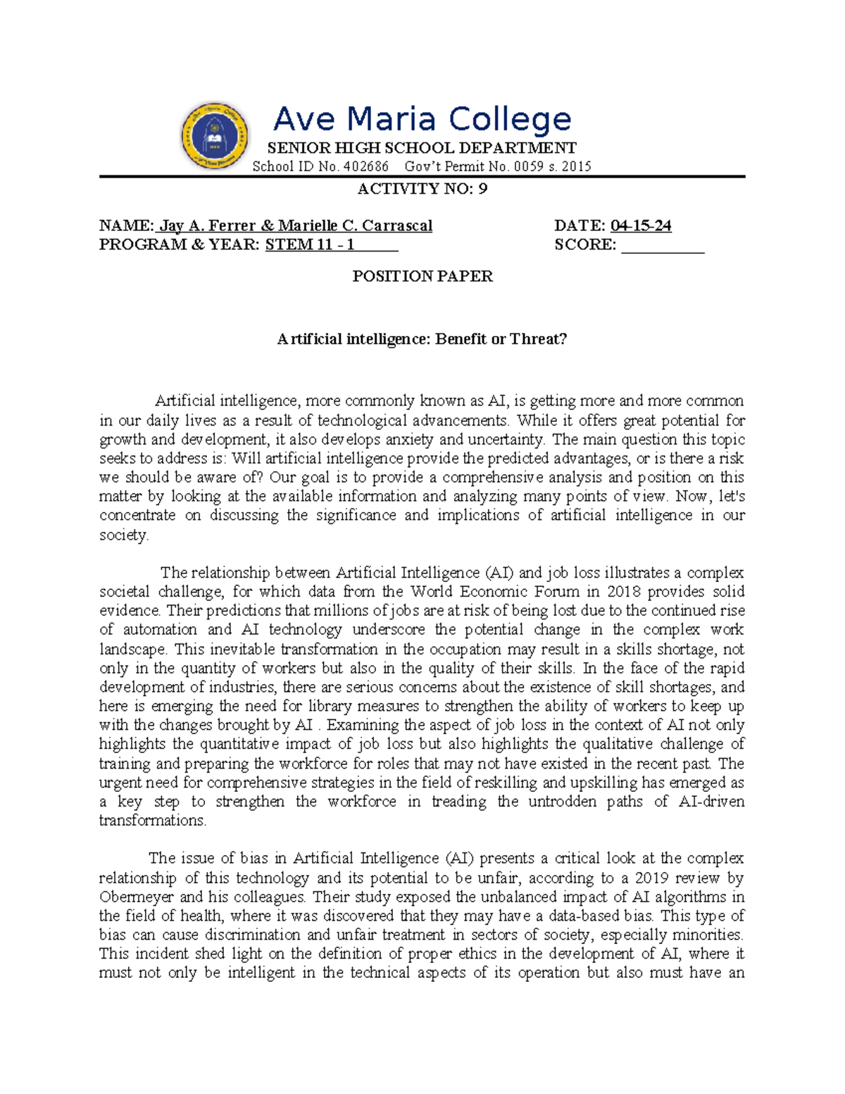 Position Paper 2024 - Ave Maria College SENIOR HIGH SCHOOL DEPARTMENT ...