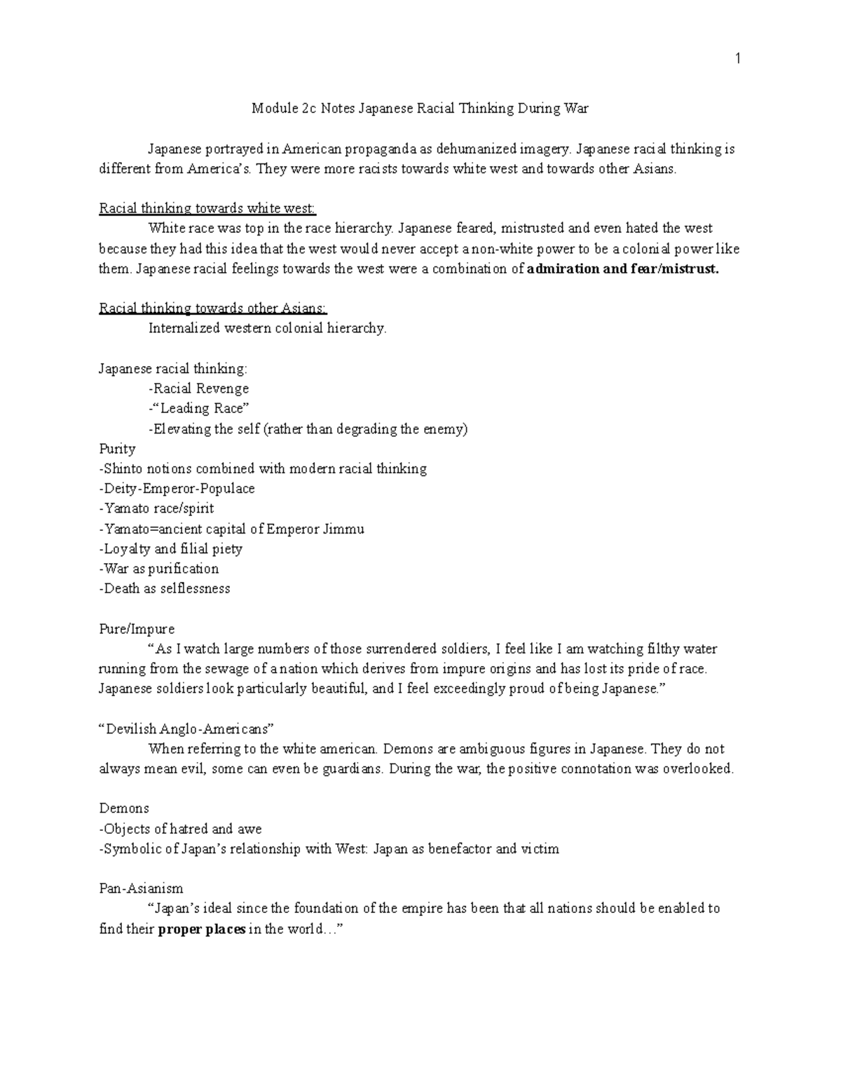WW2 Mod. 2c Notes - 1 Module 2c Notes Japanese Racial Thinking During ...