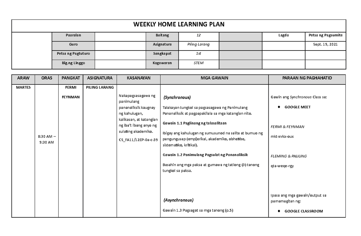WHLP Q1W3 Piling Larang - WEEKLY HOME LEARNING PLAN Paaralan Baitang 12 Lagda Petsa ng Pagsumite ...