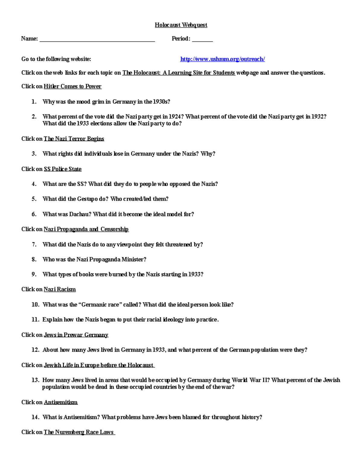 Holocaust Webquest - sad - Holocaust Webquest Name