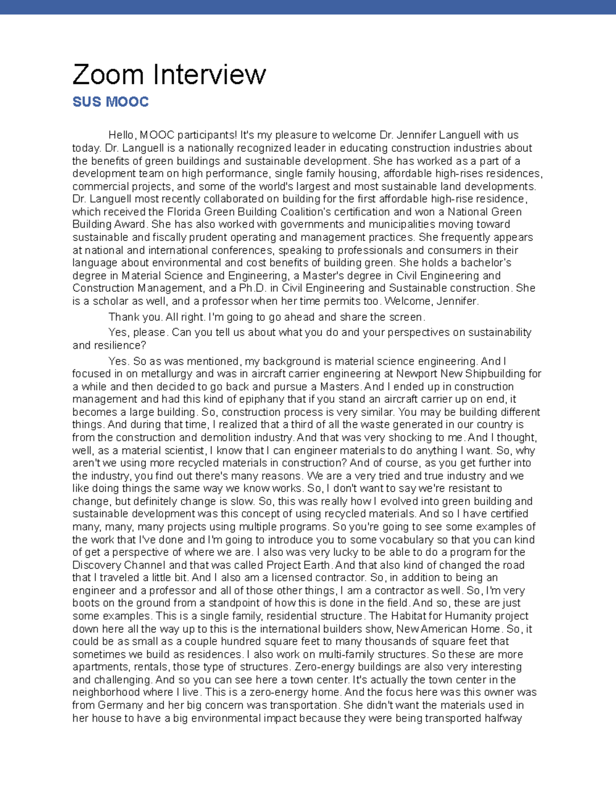 Zoom Interview SUS MOOC Part 1 - ? Zoom Interview SUS MOOC Hello, MOOC ...