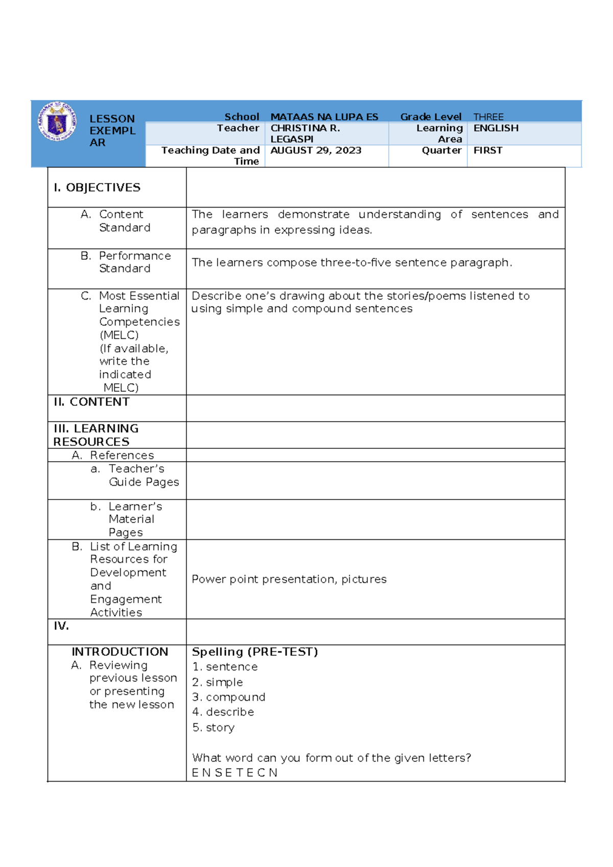 W1 DAY1 DLP Q1 English - lecture notes - LESSON EXEMPL AR School MATAAS ...