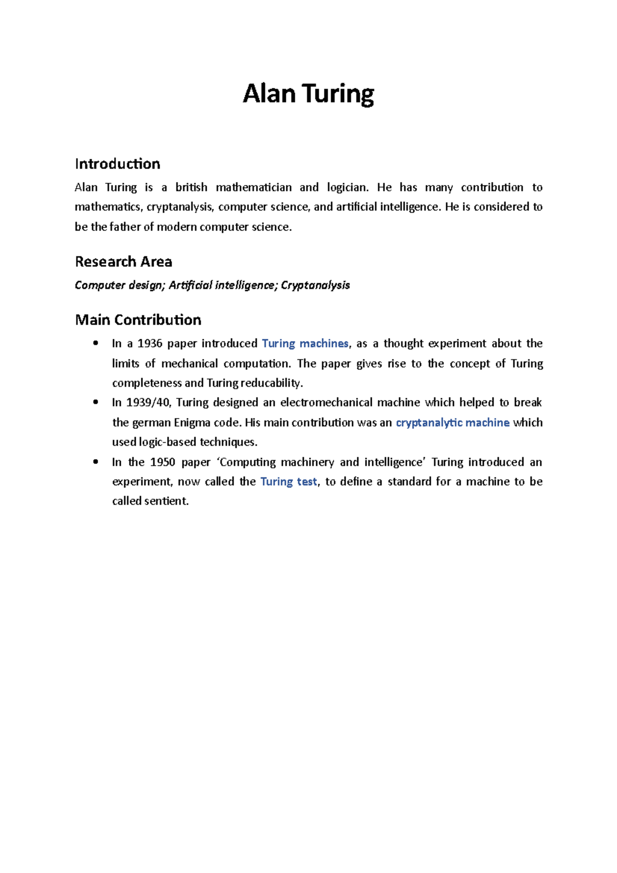Assignment 1 Alan Turing - Alan Turing Introduction Alan Turing is a ...