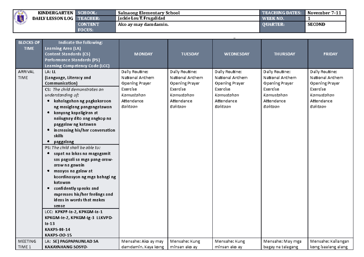 DLL Kinder Q2 W1 - gggggg - KINDERGARTEN DAILY LESSON LOG SCHOOL: Salnaong Elementary School ...