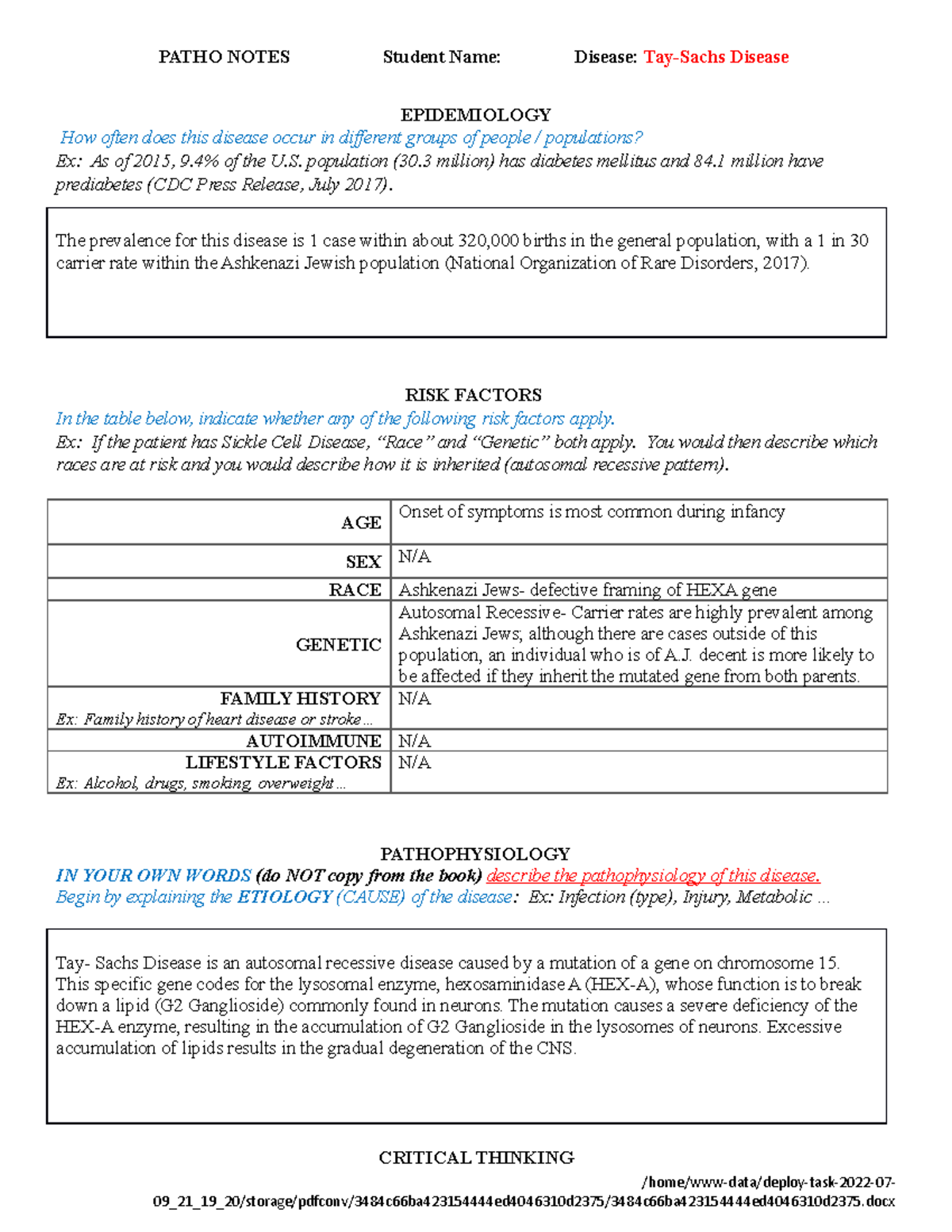 PN1 TSD - Patho Note - PATHO NOTES Student Name: Disease: Tay-Sachs ...