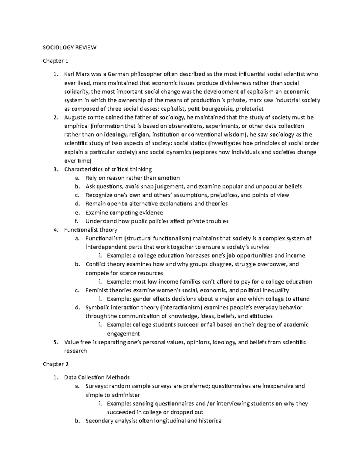 Sociology - Review chapter 1-7 - SOCIOLOGY REVIEW Chapter 1 Karl Marx ...