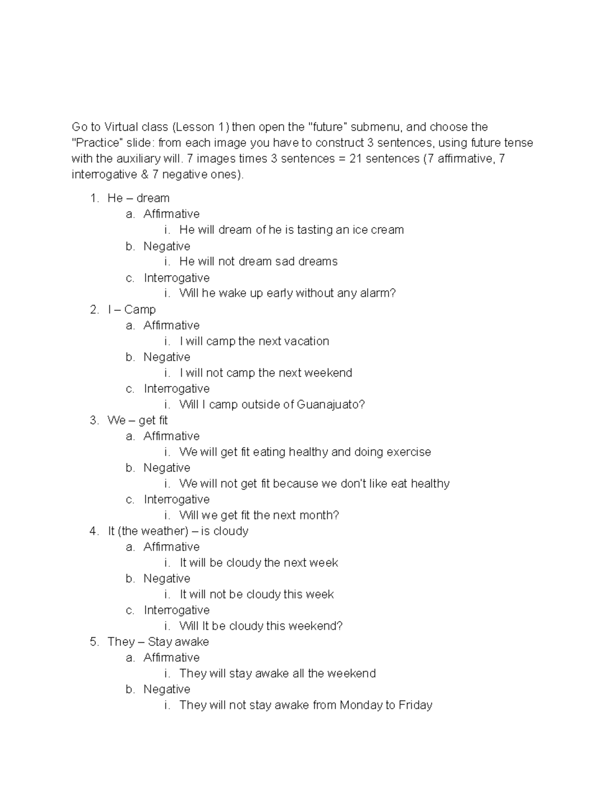 assignament 2 text file - Go to Virtual class (Lesson 1) then open the "future” submenu, and ...