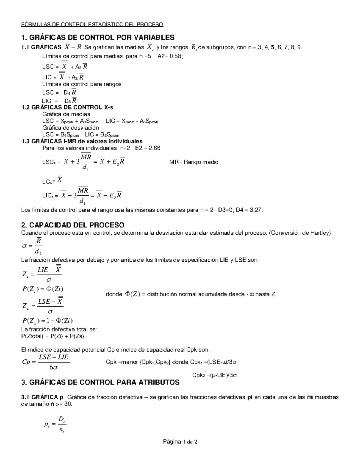 Formulas CEP con X S - Apuntes Control Estadístico de Procesos ...