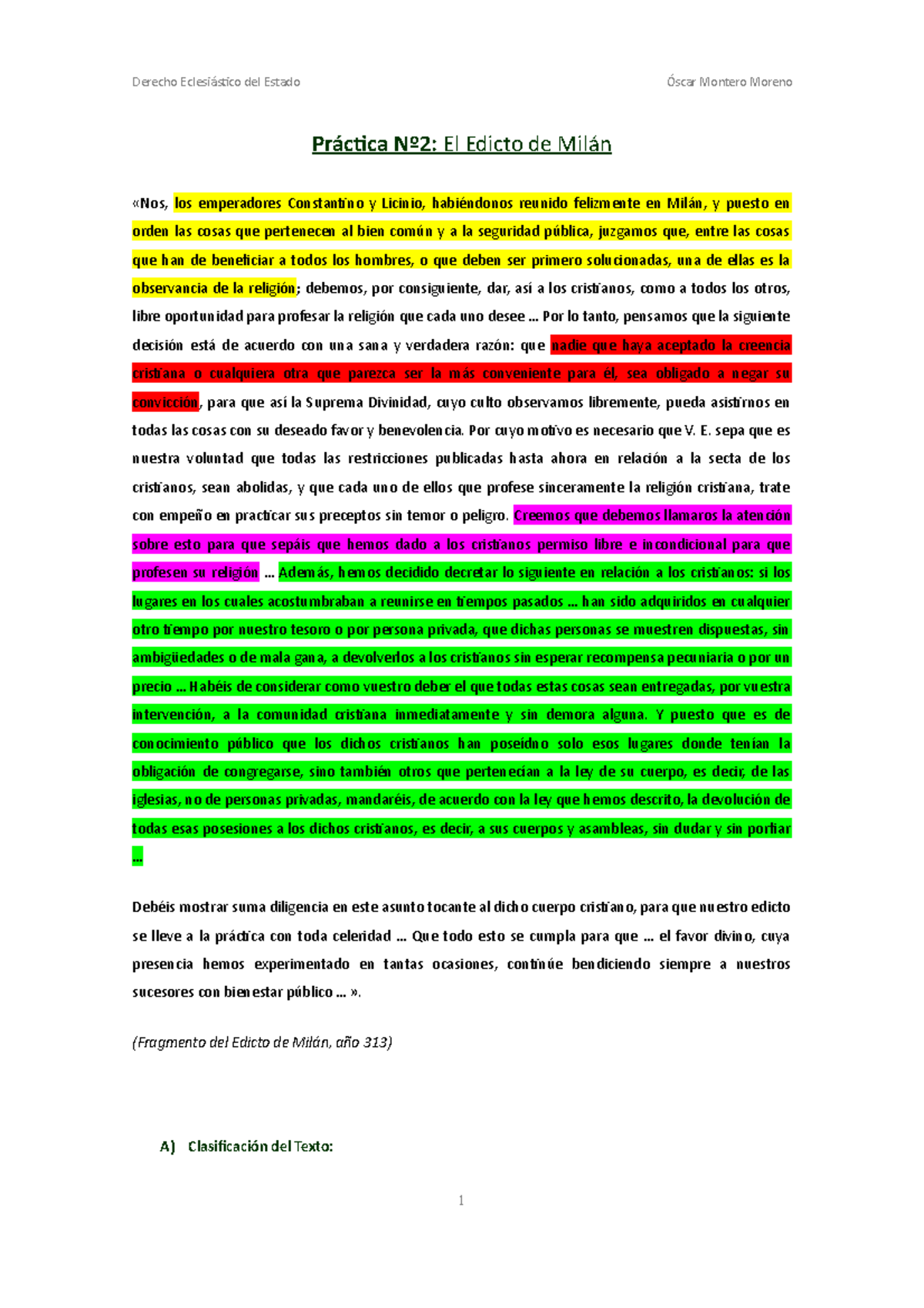 Edicto de Milán, práctica de derecho eclesiástico - Práctica Nº2: El ...