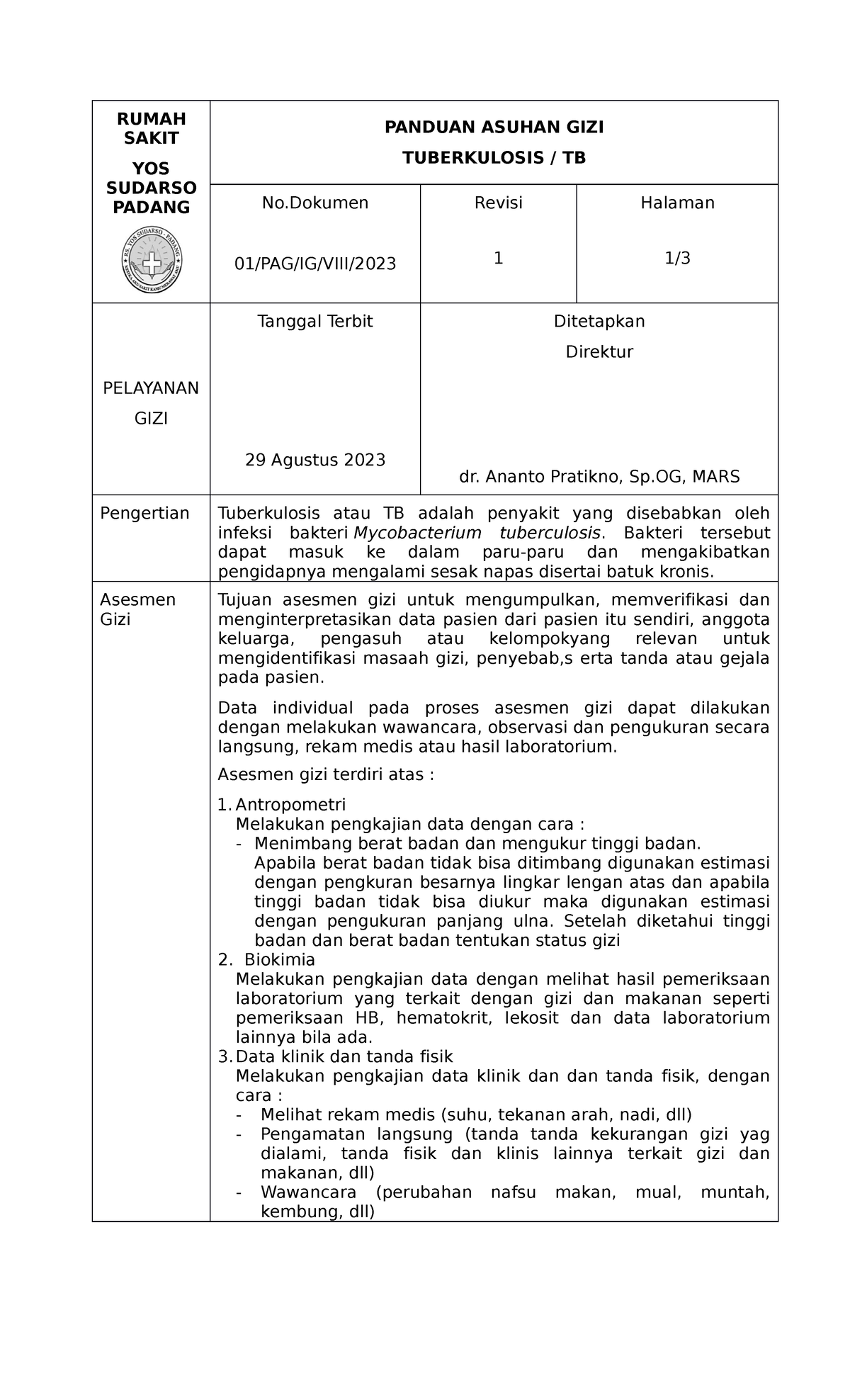 TB 1 - panduan asuhan gizi - RUMAH SAKIT YOS SUDARSO PADANG PANDUAN ...