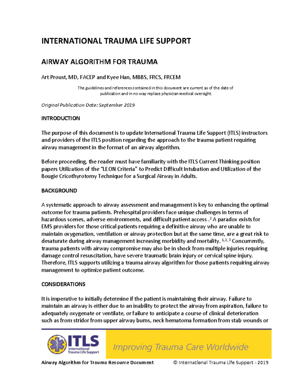 ITLS Position Paper - Airway Algorithm for Trauma - 2019 [714 ...