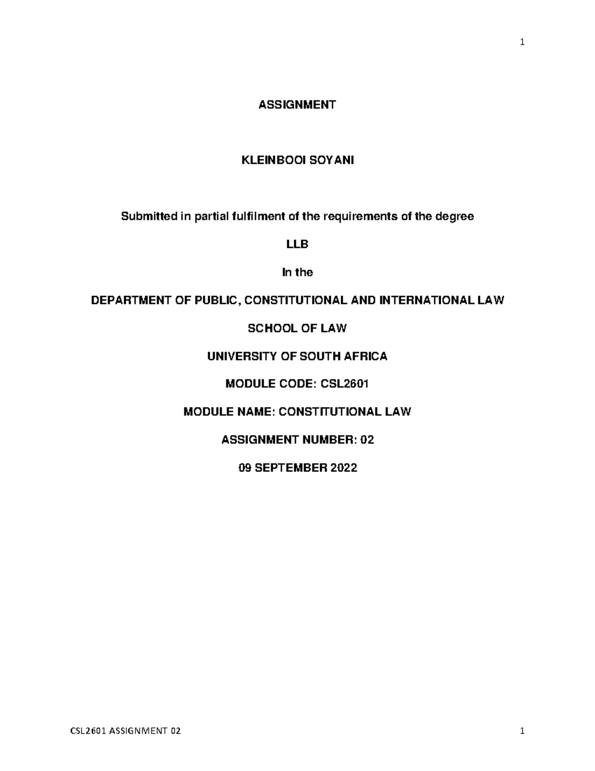 CSL2601-AS-STU2 - Assignment - ASSIGNMENT KLEINBOOI SOYANI Submitted in ...