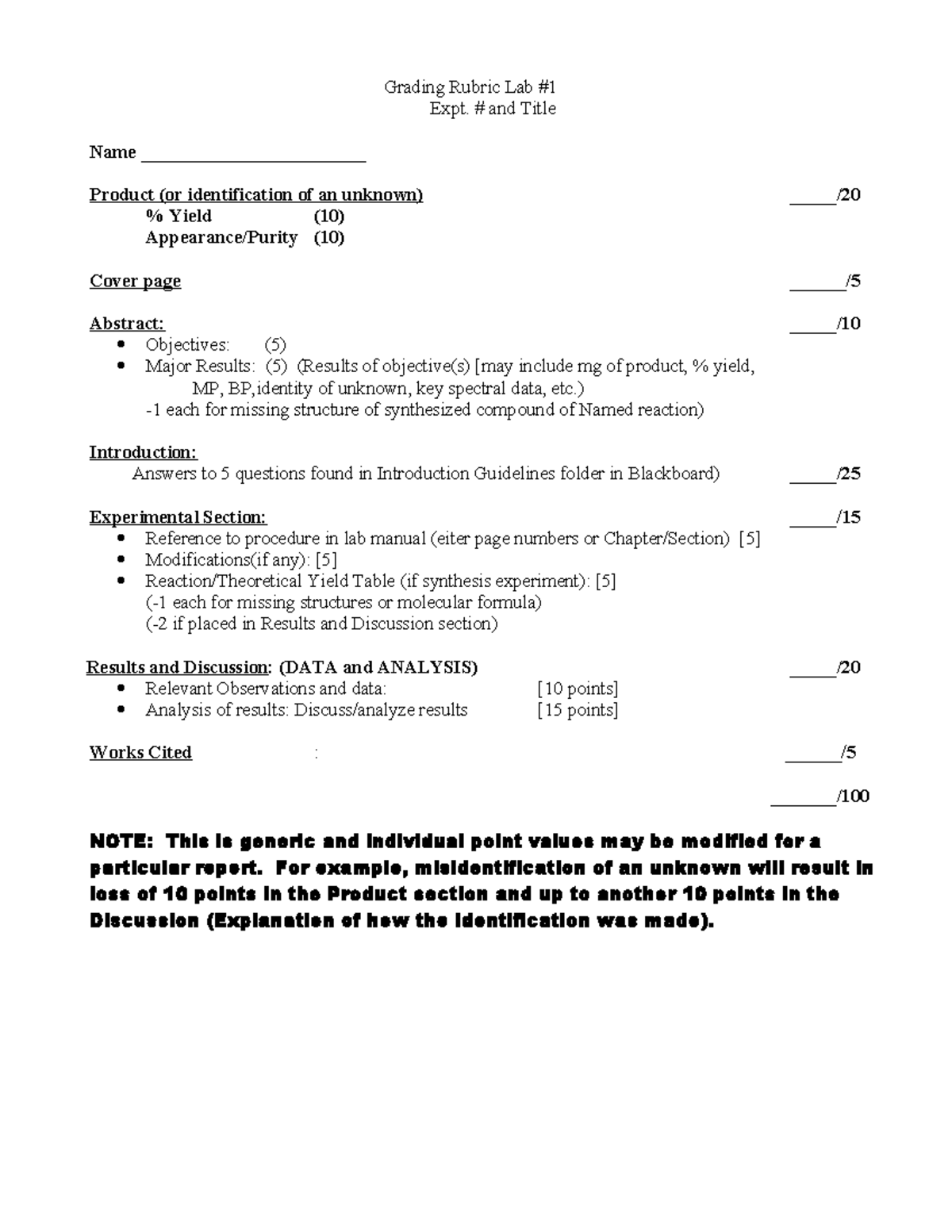 Generic Lab Report Grading Rubric(1) - Grading Rubric Lab # Expt. # and ...