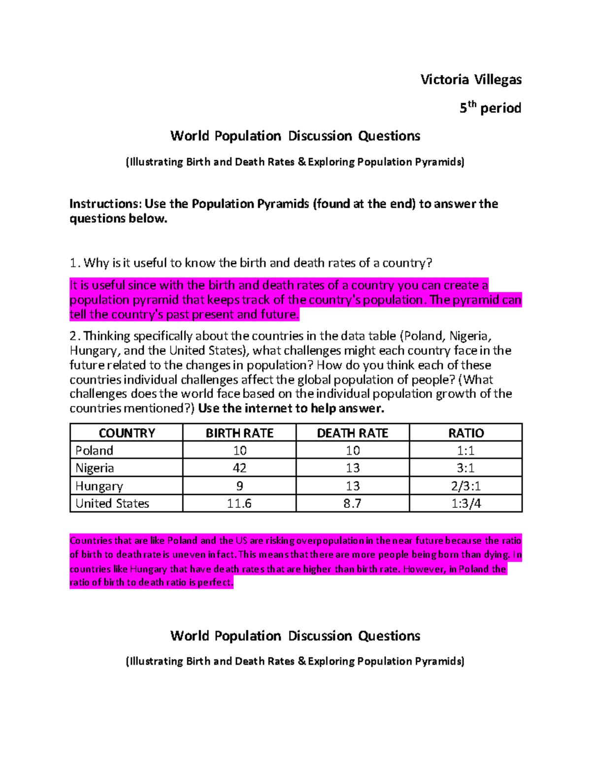 EV 5 - World Population Discussion Questions - Victoria Villegas 5 th period World Population ...