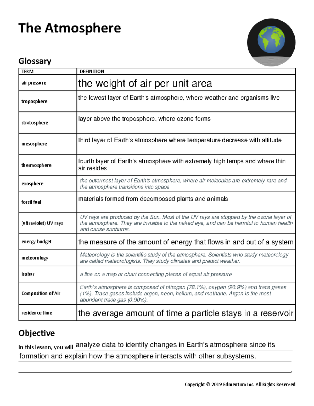 Geology - Guided Notes - The Atmosphere - The Atmosphere Glossary TERM ...