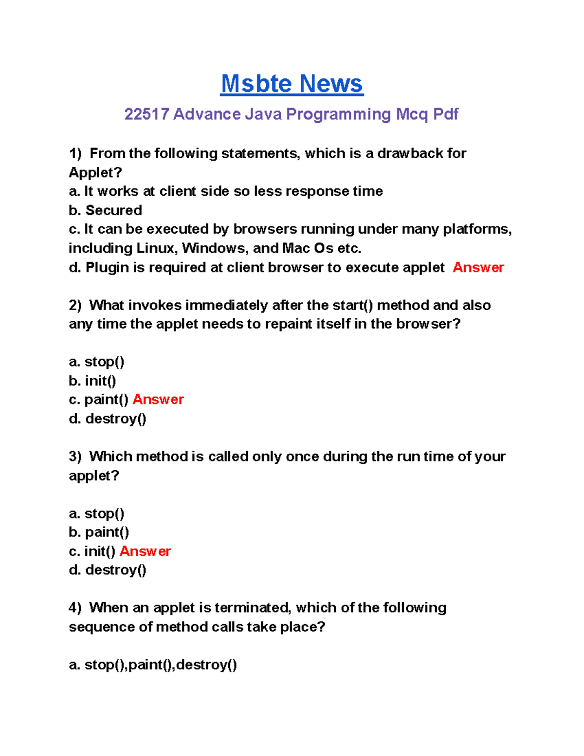 22517-2 - Msbte News 22517 Advance Java Programming Mcq Pdf From the following statements, which ...
