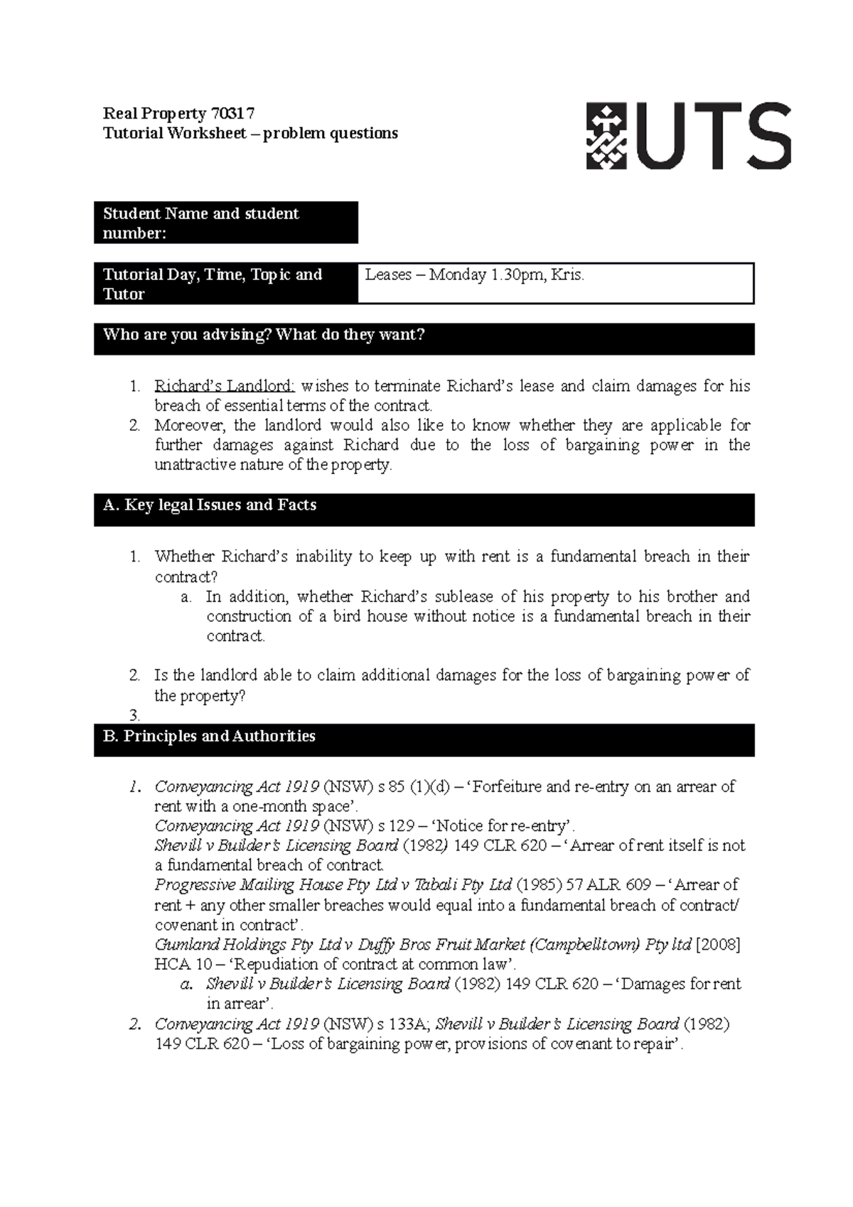 Leases Answer Plan - Tutorial 7 Homework - 070317 - Studocu